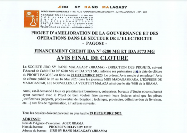 AVIS FINAL DE CLOTURE PAGOSE | JIRAMA