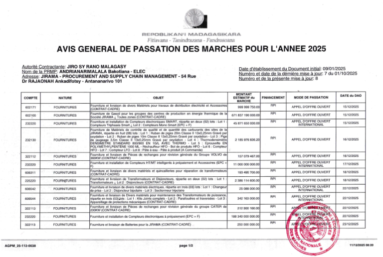Avis Général de Passation des Marchés 2025 Mise à Jour N°8 | JIRAMA